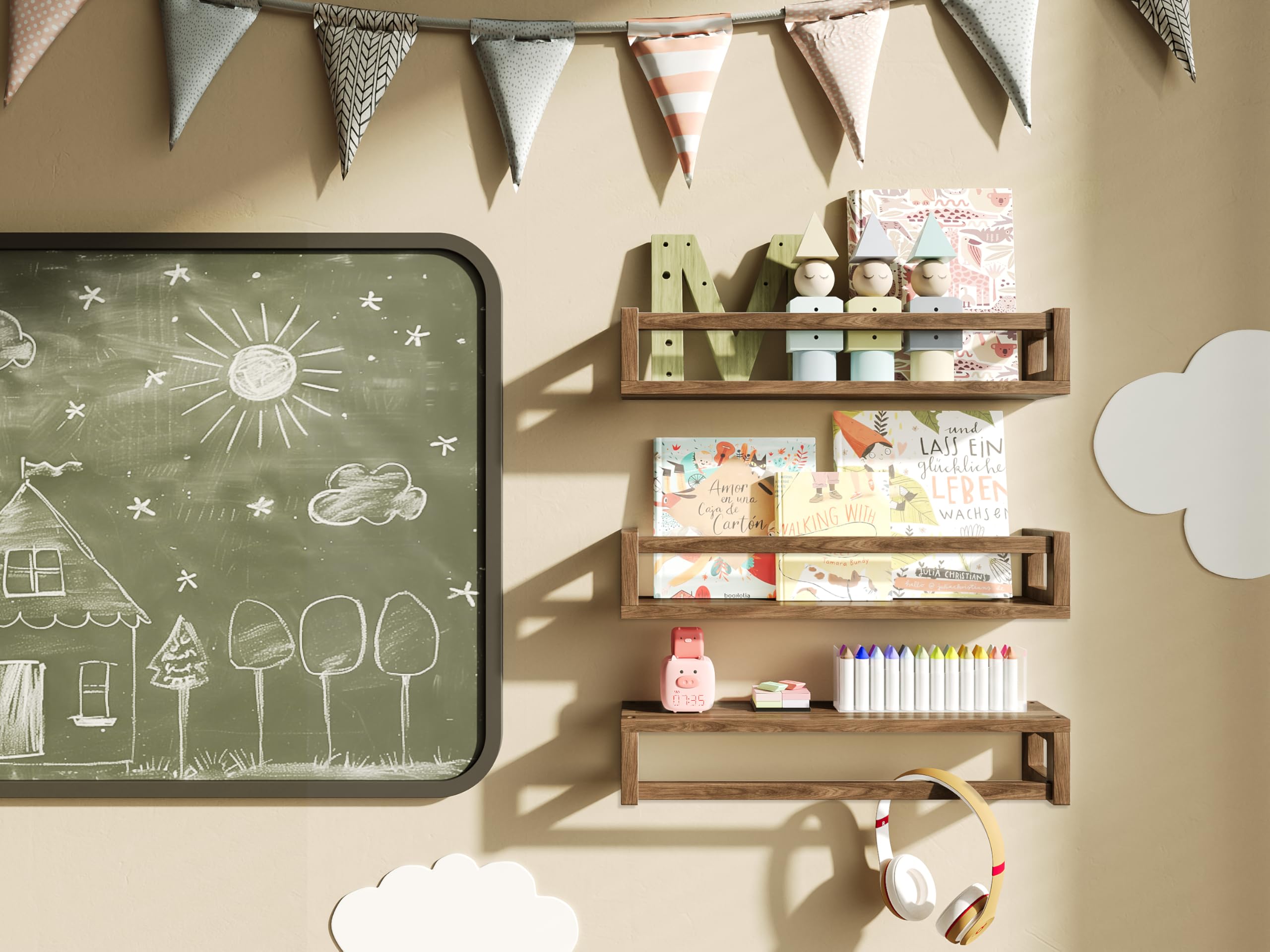TidyCorner Upgraded Thick Floating Shelves - Multi-Use Wall-Mounted Bookshelves for Kids and Nursery, Ideal for Books, Toys, Spice Rack, Decor - Walnut Brown