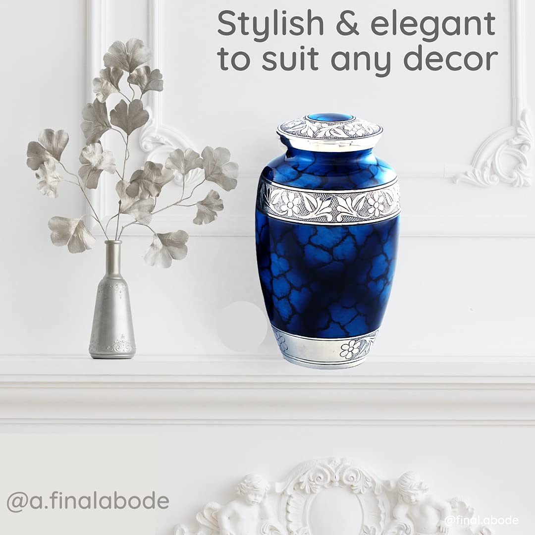 Final Abode Cremation Memorial Urn for Ashes and Stainless Steel Pendant Necklace - Blue Funeral Burial Engravable Urn - Pendant with Chain Engraved - Protective Black Velvet Bag for Transport