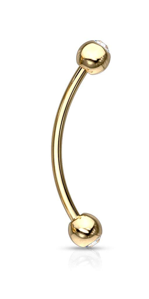 Forbidden Body Jewelry 16mm Surgical Steel Curved Barbell w/Gemmed Ends for Snake Eyes Tongue Piercing, Clear (Gold Tone)