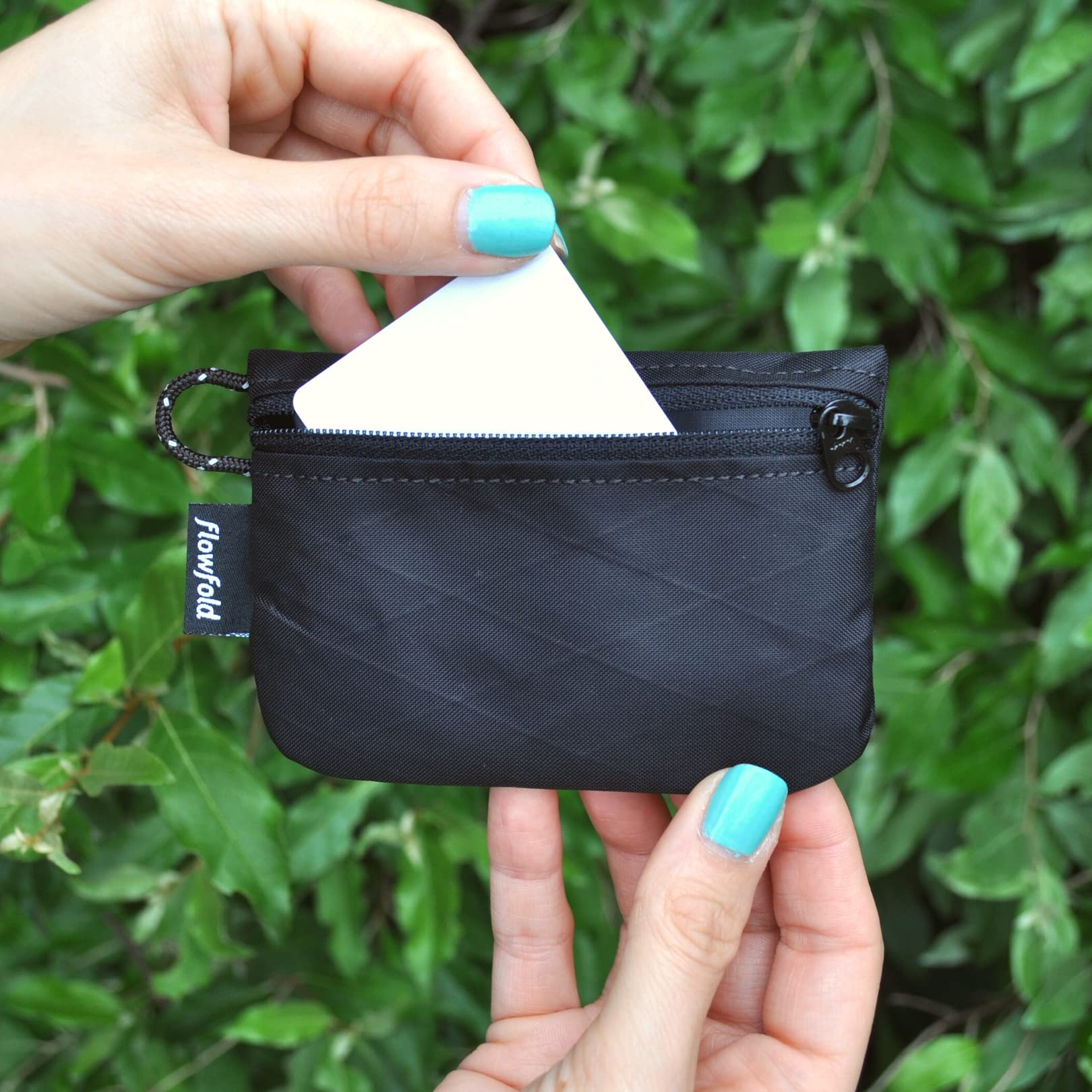 Flowfold Recycled Fabric Mini Zipper Pouch Water Repellent Small Pouch Wallet & Card Pouch for Keys, ID, Coins & AirPods Case Made in USA (Black, Recycled Material)