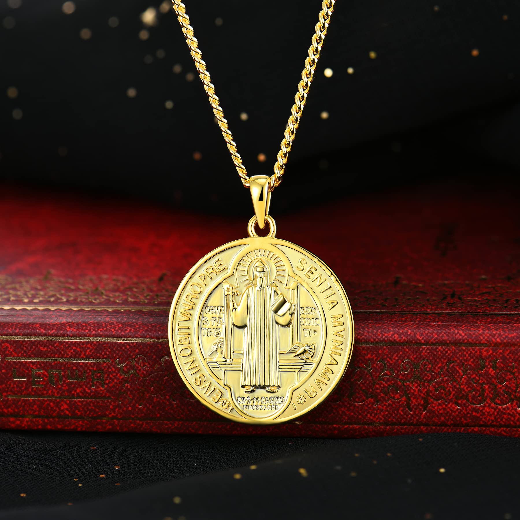 FJ Saint Benedict Necklace 925 Sterling Silver, NR Cross Protection Pendant,Round Coin Antiqued Religious Protector Talisman Pendant