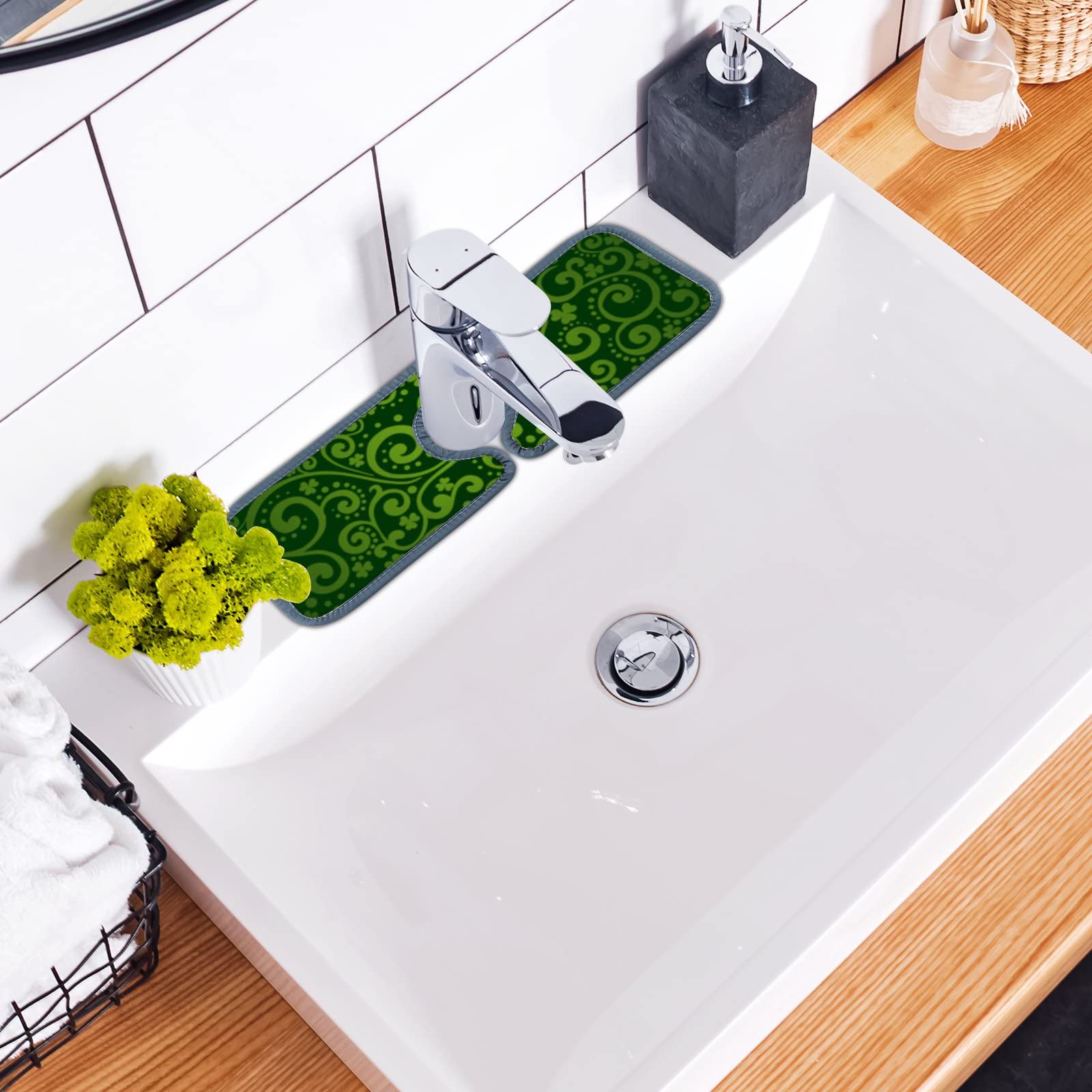 Kitchen Faucet Mats 3 Pieces St.Patrick's Day Green Shamrock Curls Absorbent Faucet Sink Splash Guard Bathroom Counter and RV,Faucet Counter Sink Water Stains Preventer