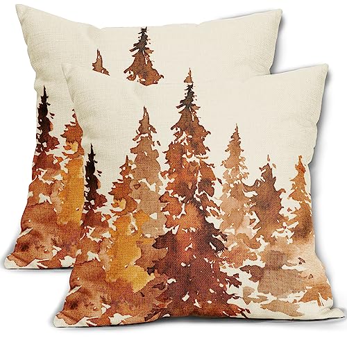 Fall Tree Pillow Covers 18x18 Set of 2 Rustic Autumn Decor Burnt Orange Watercolor Forest Decorative Throw Pillows Nature Themed Outdoor PillowCase Farmhouse Cushion Case for Sofa Couch Bed Porch