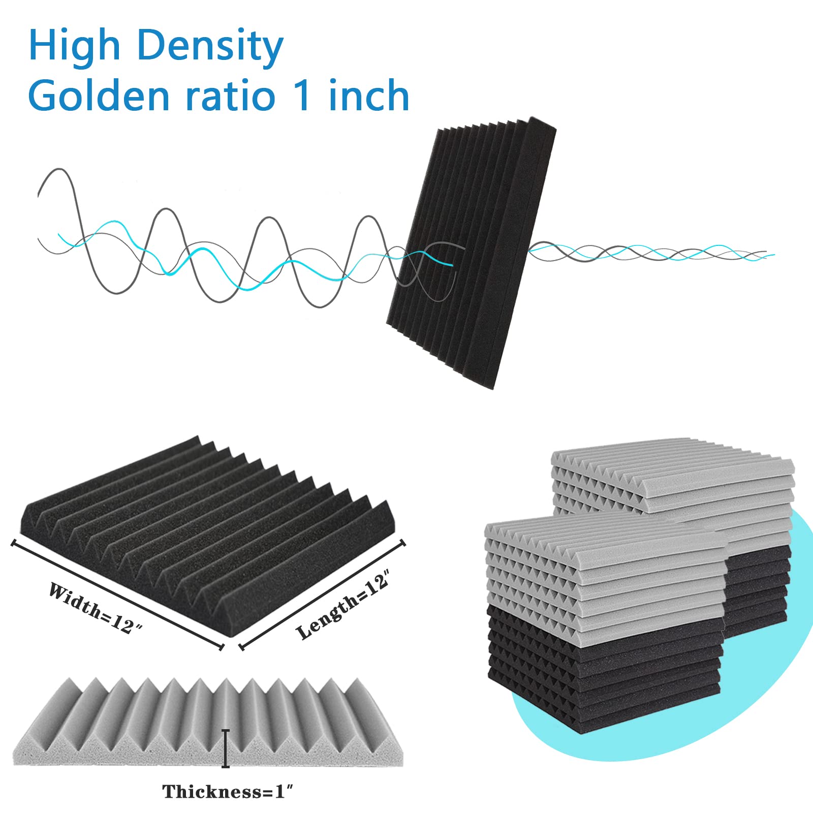 FOUCARSI 24 Pack Acoustic Foam Panels,Studio Soundproofing Foam, 1" X 12" X 12", Studio Foam Wedges,Sound Proof Padding (Black+Grey)