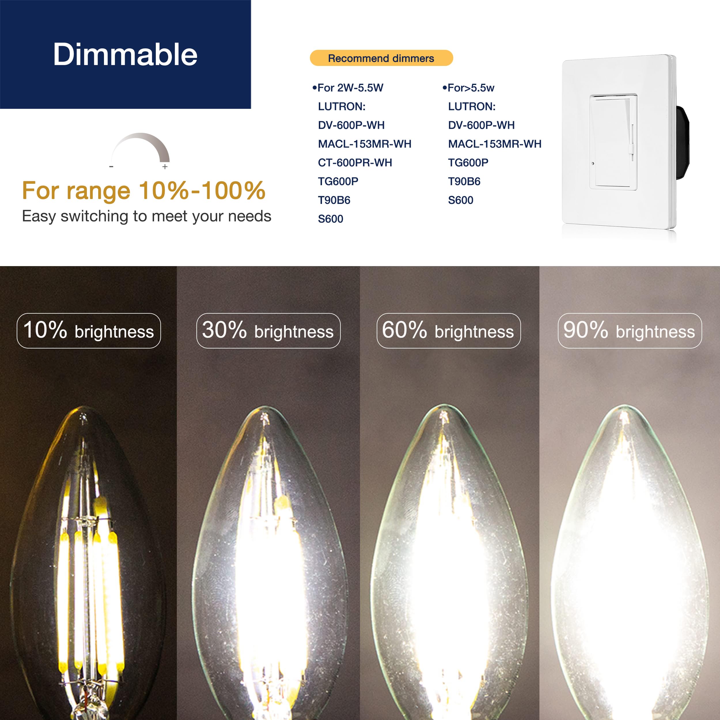 FLSNT 6-Pack Dimmable B10 LED E12 Candelabra Bulbs, 40W Equivalent LED Chandelier Light Bulbs, 4W, 2200K Warm White, 250LM, CRI90, Amber Glass Finishing