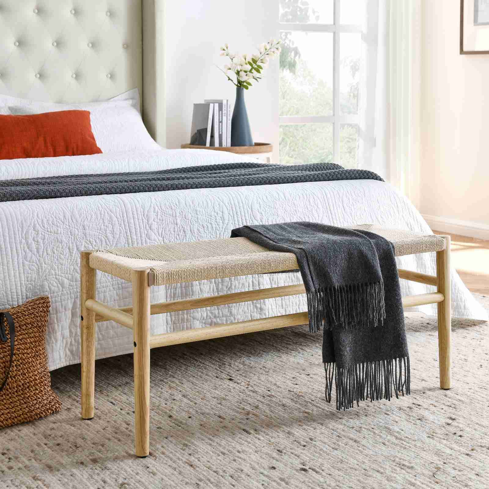 FRITHJILL Bench, 39.5-inch Bedroom Bench Bedroom End of Bed with Paper Cord Design, Farmhouse Bench for Dining Room