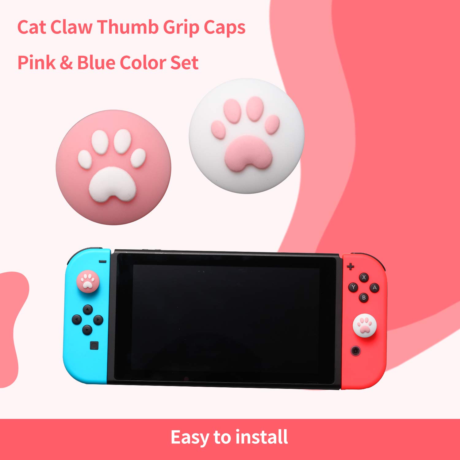 Fpxnb 4 Pairs Switch Thumb Grip Set, Analog Stick Silicone Cap Joystick Covers, Cat Claw & Sakura Flower Design, Compatible with Switch Joy-Con Controllers & Lite, Pink & Blue