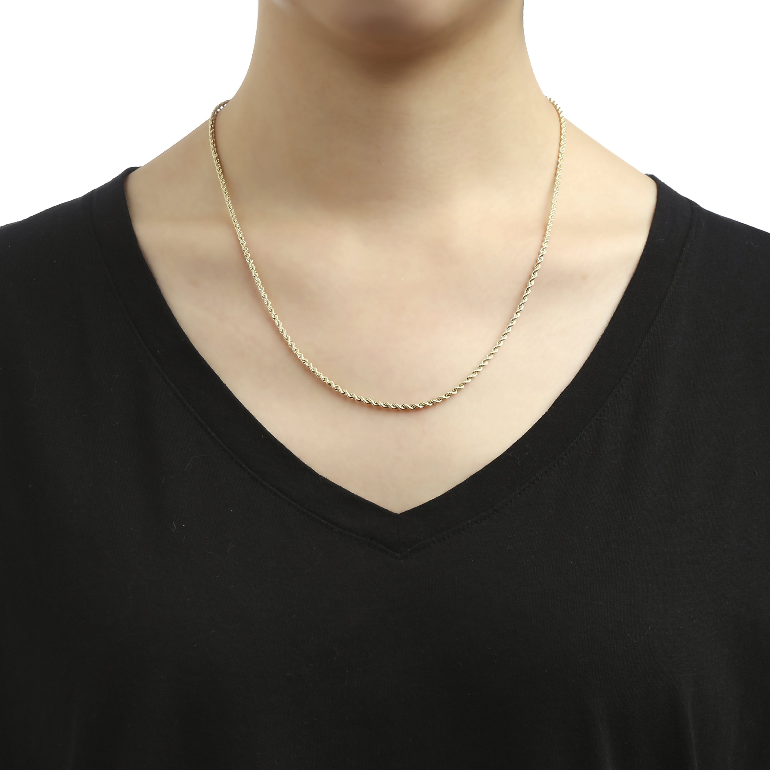 Floreo 10k Yellow Gold 2mm Hollow Rope Chain Necklace with Lobster Claw Clasp for Women and Men, 20 Inch