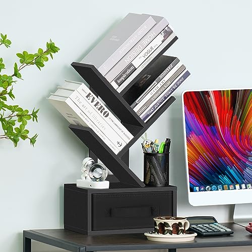 SHEEPAM Small Book Shelf with Drawer,4 Tier Black Tree Bookshelf,Wooden Desktop Bookcase,Modern Desk Display Storage Bookshelves,Floor Standing Organizer Bookcases for Living Room,Bedroom,Office