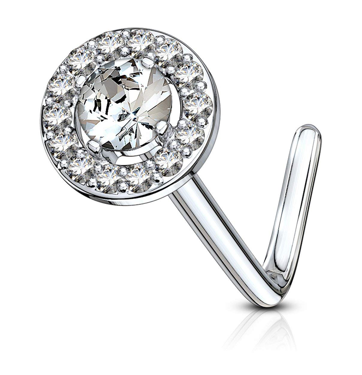 Forbidden Body Jewelry 20g Surgical Steel Fancy Double Tired Big 6mm CZ Halo L Shaped Nose Ring, Clear