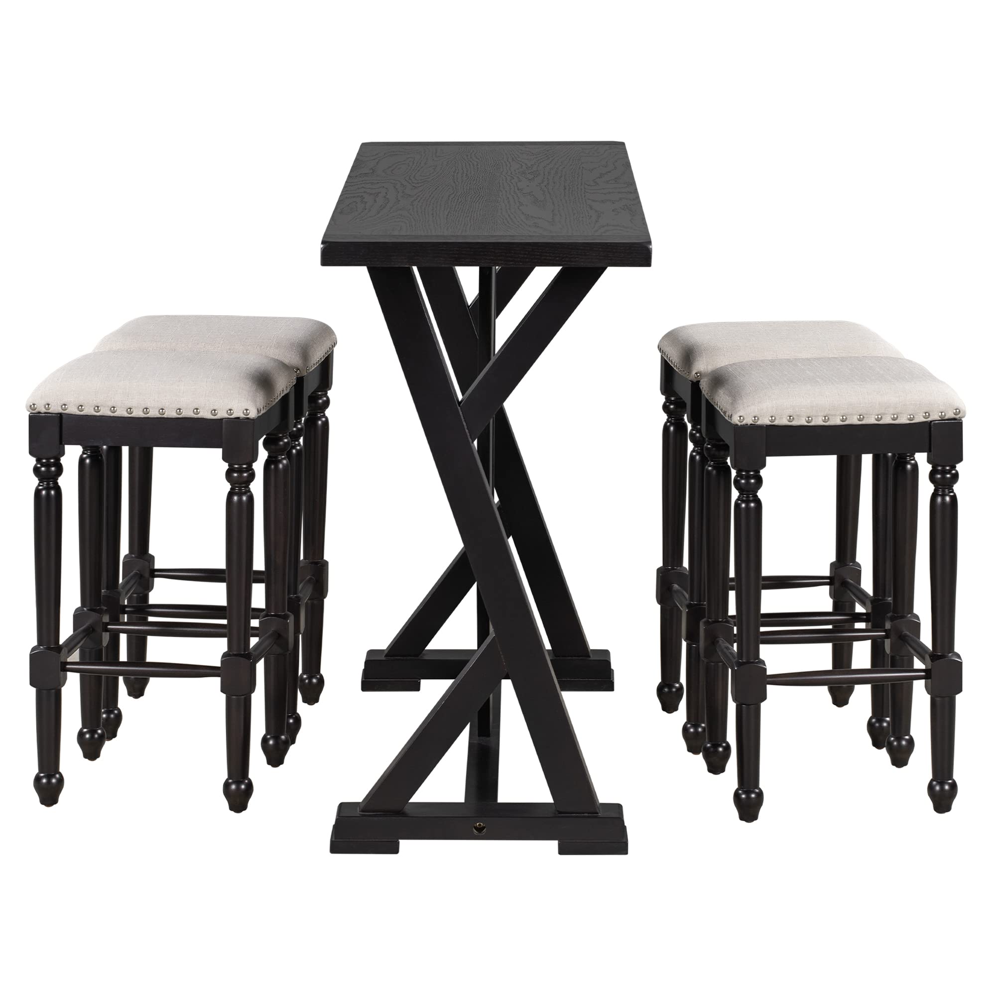 FIQHOME Extra Long Mid-Century 5-Piece Counter Height, Wood Console Bar Table Trestle Legs and 4 Upholstery Stools, Kitchen Dining Room Pub Set for Small Places,Black