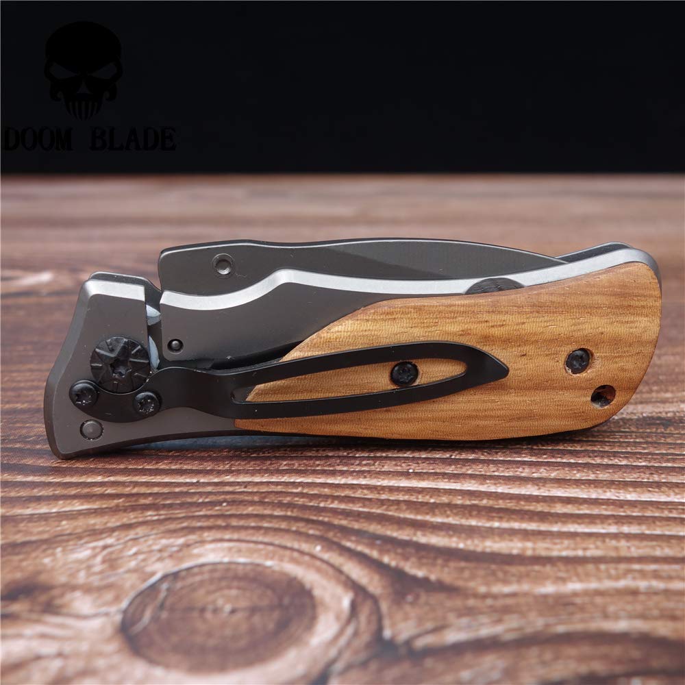 Folding Knife EDC Pocket Knife, Wood Handle with Drop Clip Point Blade,Flipper Clip Pocket Knife for Camping Hunting Hiking