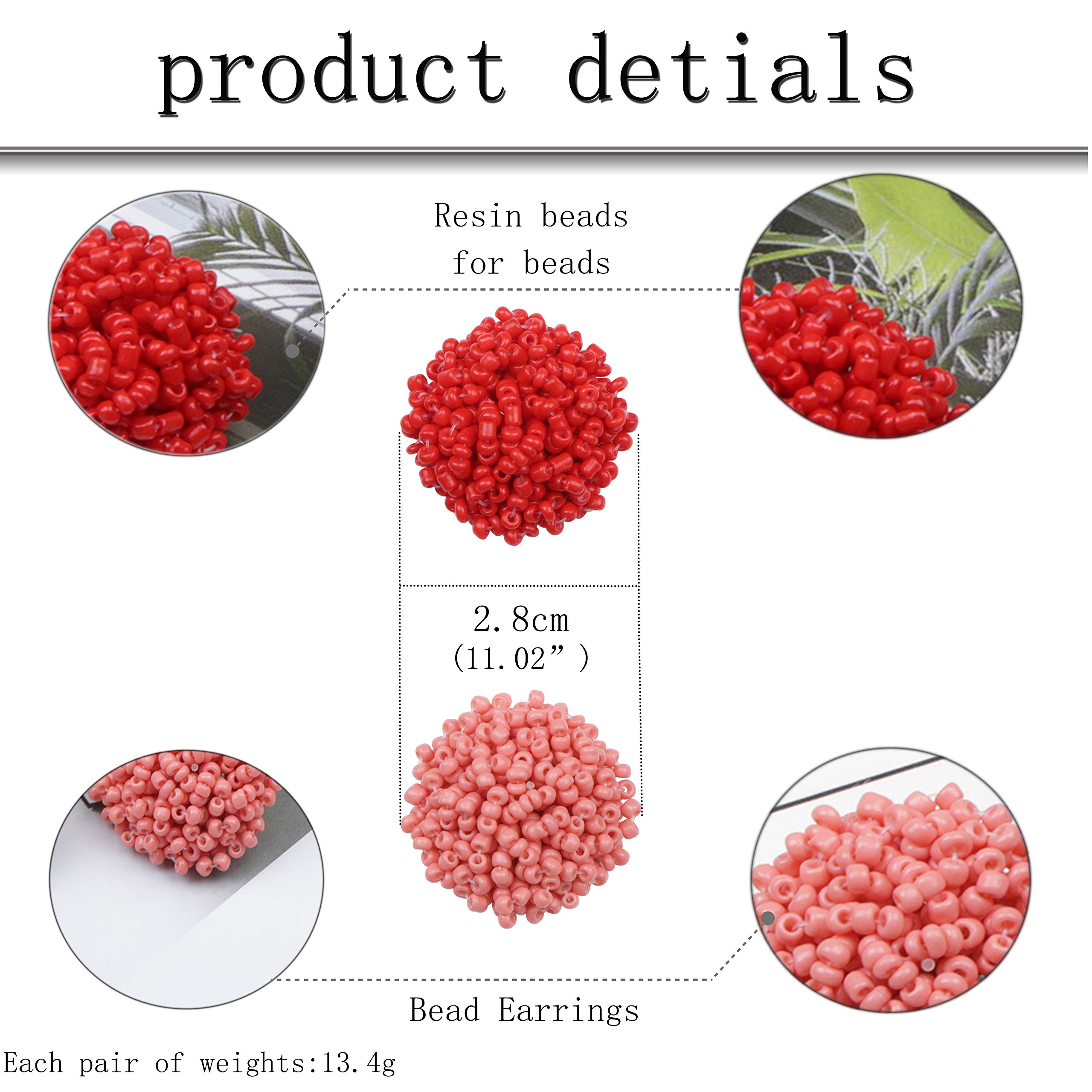 FIBO STEEL 6 Pairs Seed Beaded Stud Earrings Resin Bead Earrings For Women Bohemian Statement Cluster Rainbow Seed Beads Big Round Earrings