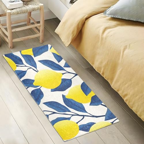 Fluffy Floor Carpet-Tropical Blue Leaf Yellow Lemons,39x20in Front Door Mat Indoor Machine Washable Carpet,Aesthetic Rug