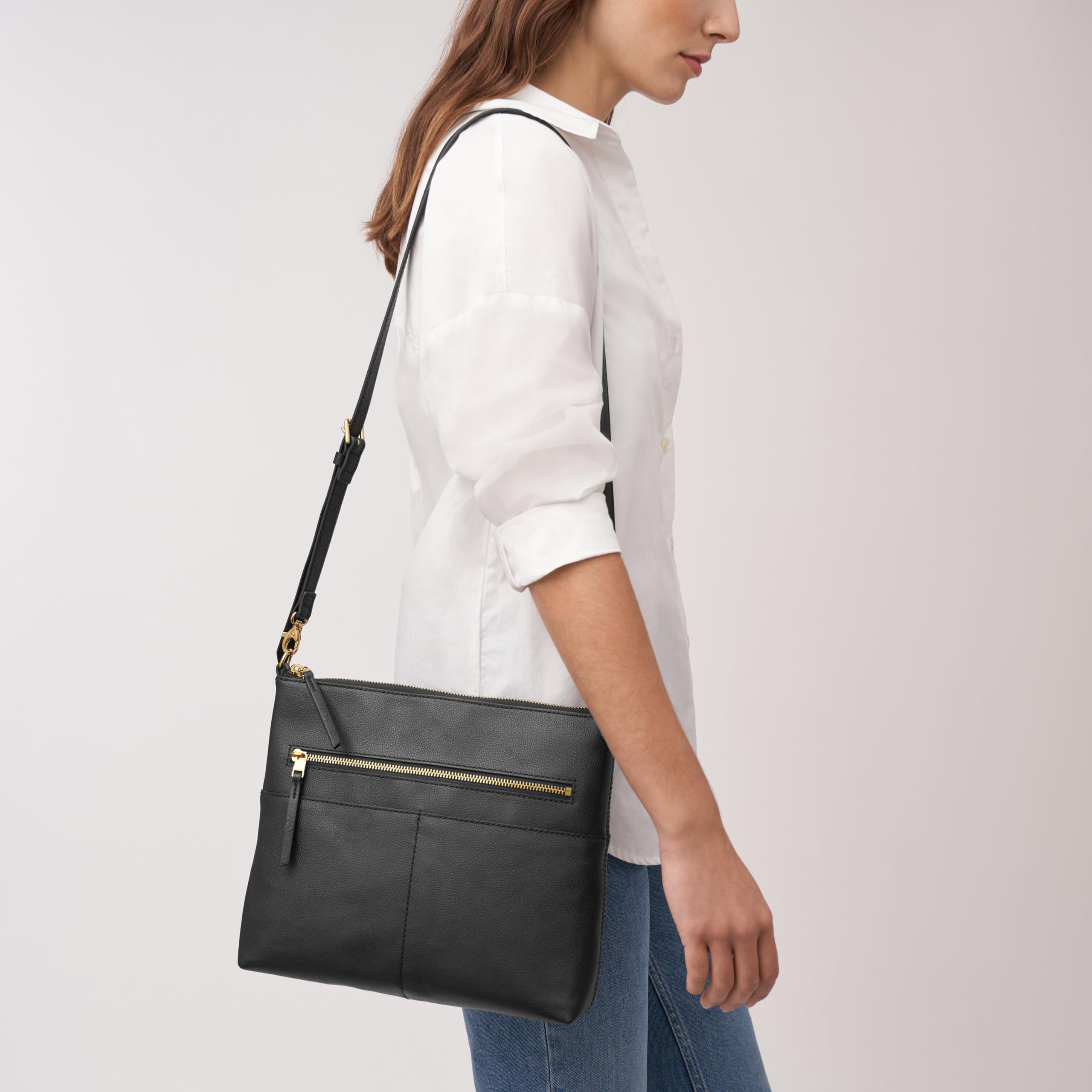 Fossil Women's Fiona Leather Large Crossbody Purse Handbag, Black (Model: ZB7267001)