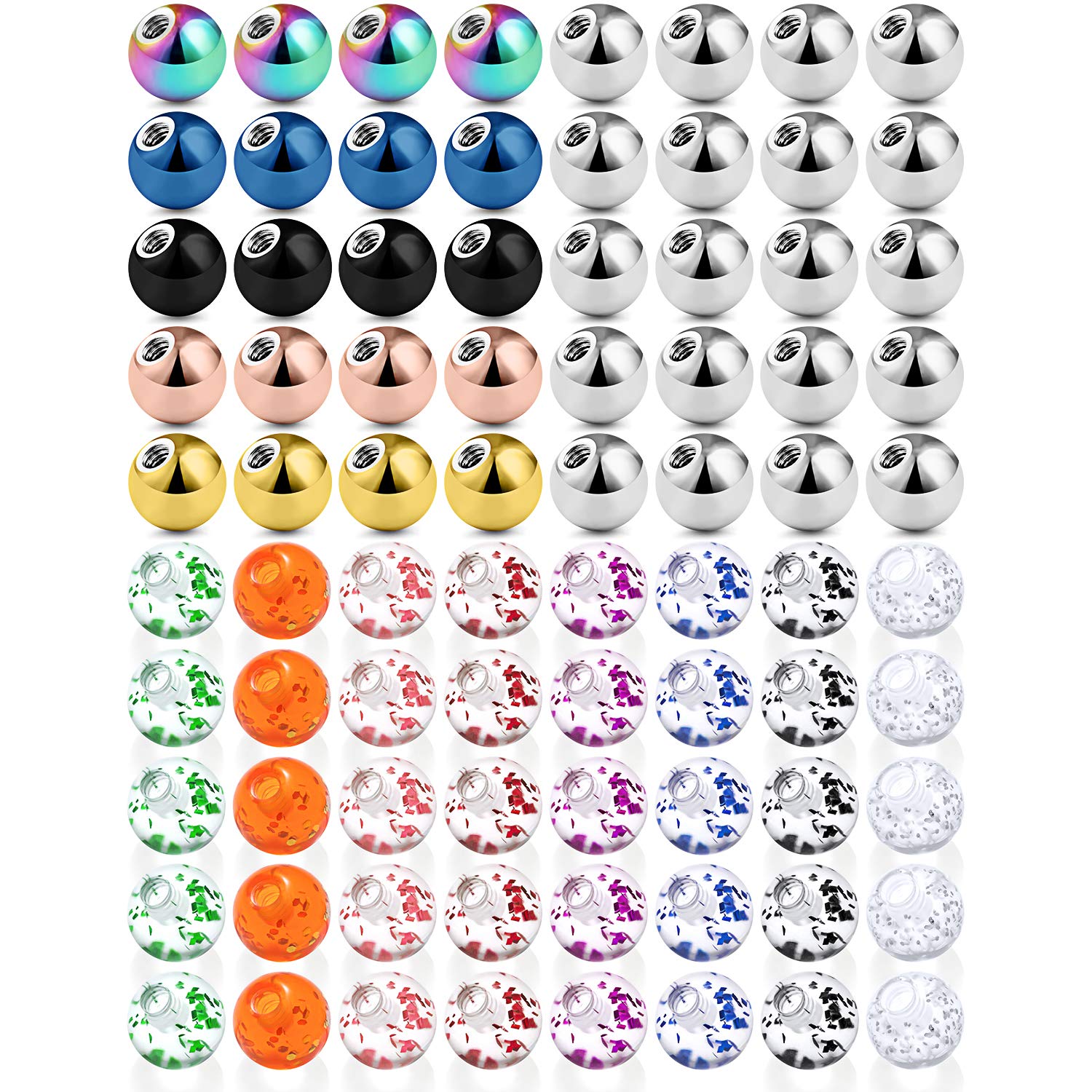 Ftovosyo 80PCS 14G 4MM 316L Surgical Steel Replacement Balls Body Jewelry Piercing Barbell Parts for Women Men Externally Threaded Silver-tone Rose Gold Black Rainbow