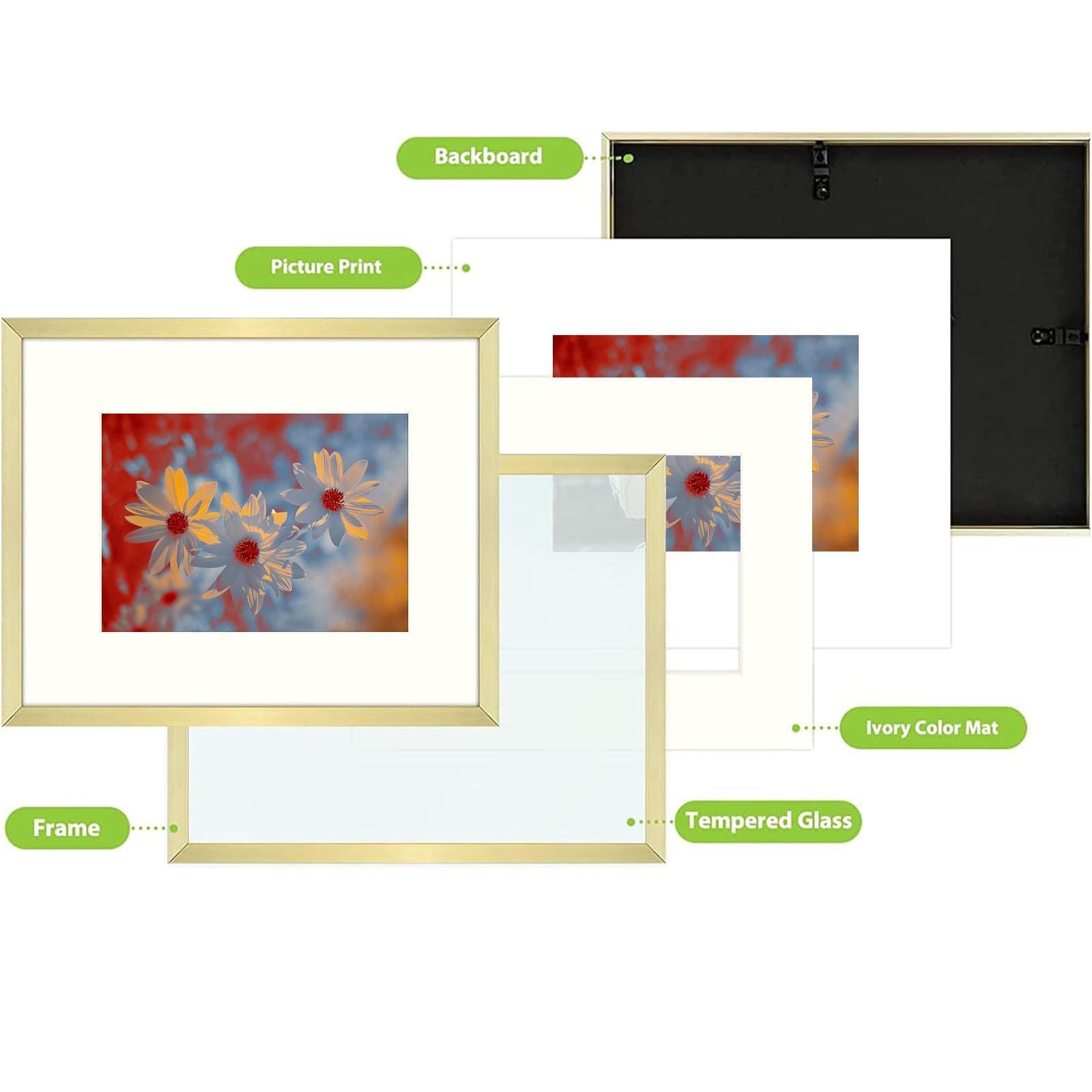 Golden State Art, Gold 8x10 Picture Frame Aluminum Displays Photos 5x7 with Mat or 8 x 10 inch Without Mat Shatter-Resistant Glass Table Top Display and Wall Mounting Photo Frame (6 Pack)