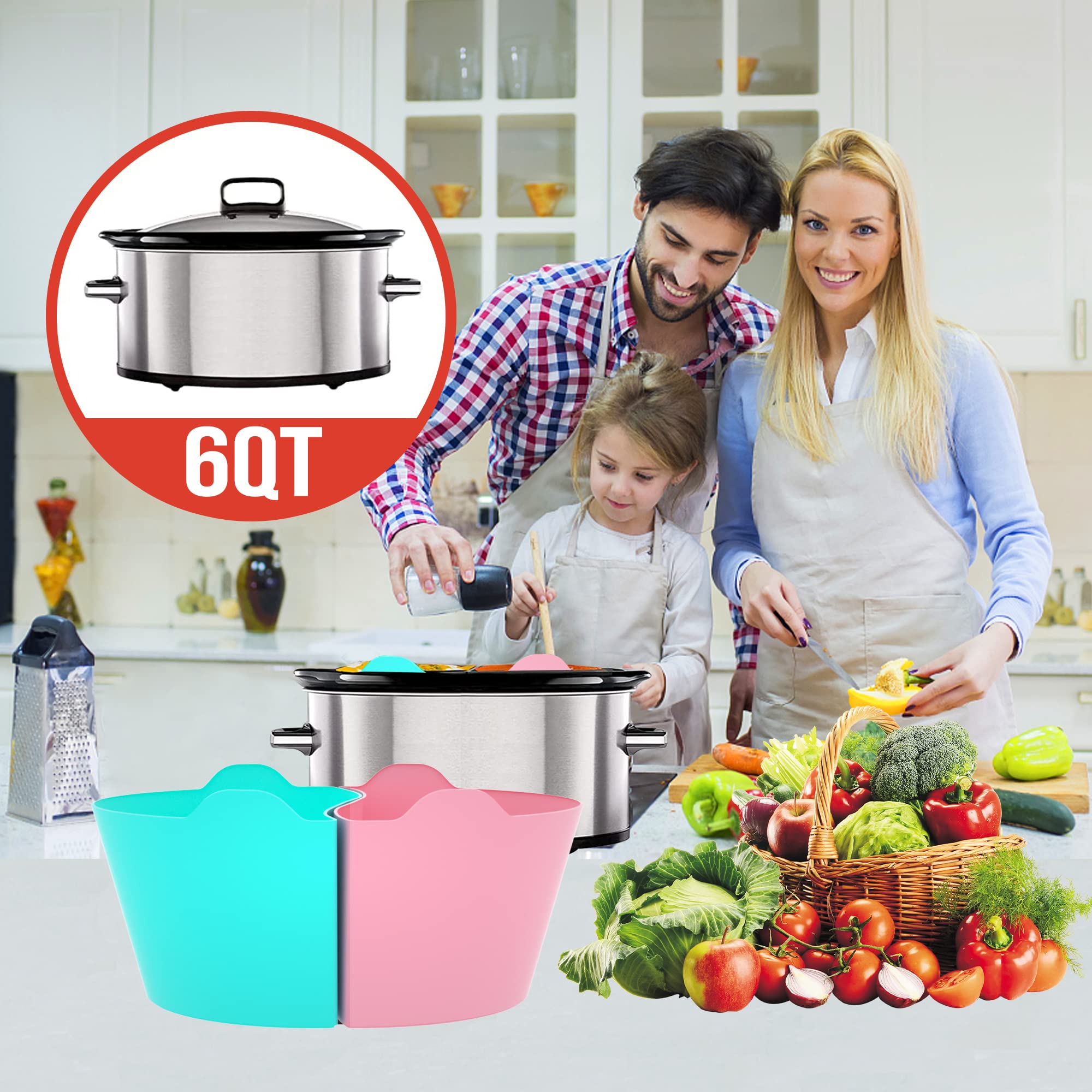 Slow Cook Divider Silicone Liners, 6 Qt Crockpot and Slow Cook Compatible, Cook Two Dishes At Once - Easy Cleanup Dishwasher, BPA Free 6 Quart Fit with Crock Pot Black Liners Pink+Blue