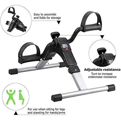 Folding Pedal Exerciser, Mini Exercise Bike Under Desk Bike Foot Pedal Exerciser, Foot Hand Cycle Portable Peddler Machine Bicycle Exerciser Arm Leg Exerciser While Sitting (Silver)