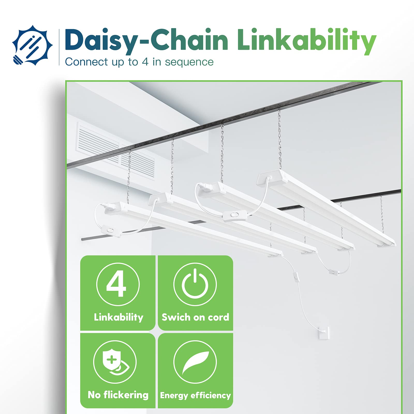 FREELICHT 6 Pack Linkable LED Utility Shop Light, 4000 LM, 4 FT, 48 Inch Integrated Fixture for Workshop, 40W Equivalent 260W, 5000K Daylight, Surface + Hanging Mount β ETL