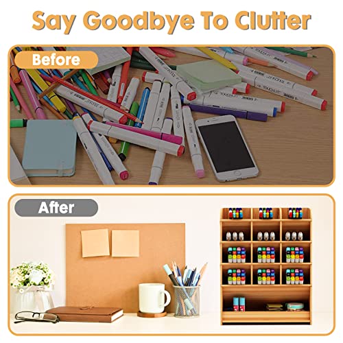 ShellKingdom Wooden Desk Organizer, Desktop Stationery Holder for Pen Pencil Markers, Makeup Brushes, Lipsticks Storage, with 13 Compartments for Home Office School