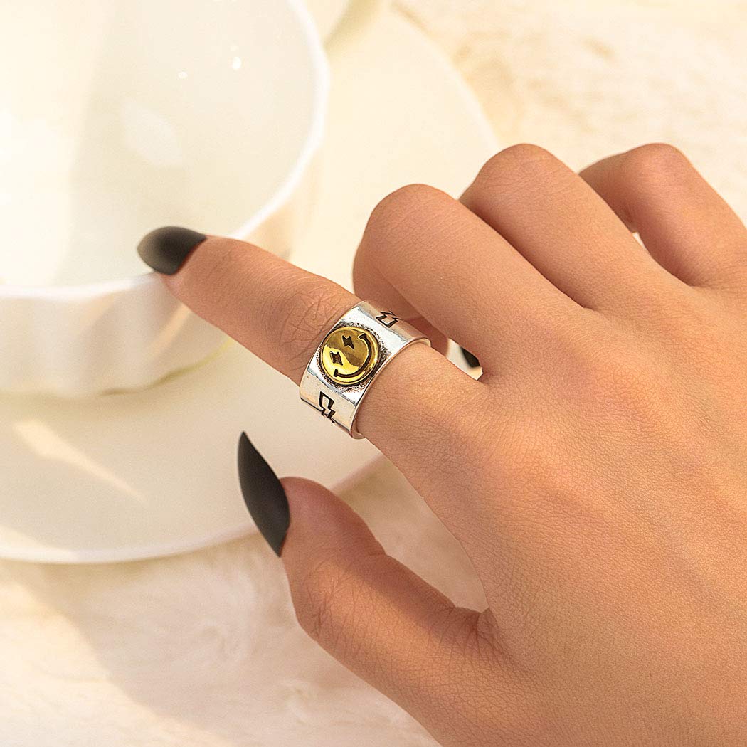 Fstrend Smiley Face Ring Vintage Stainless Steel Rings Retro Statement Band Adjustable Smiling Open Ring Jewelry for Women and Girls(Gold)