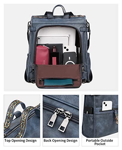 FADEON Womens Leather Backpack Purse Designer Travel Ladies Shoulder Bag Back Opening Backpack Purses for Women Blue