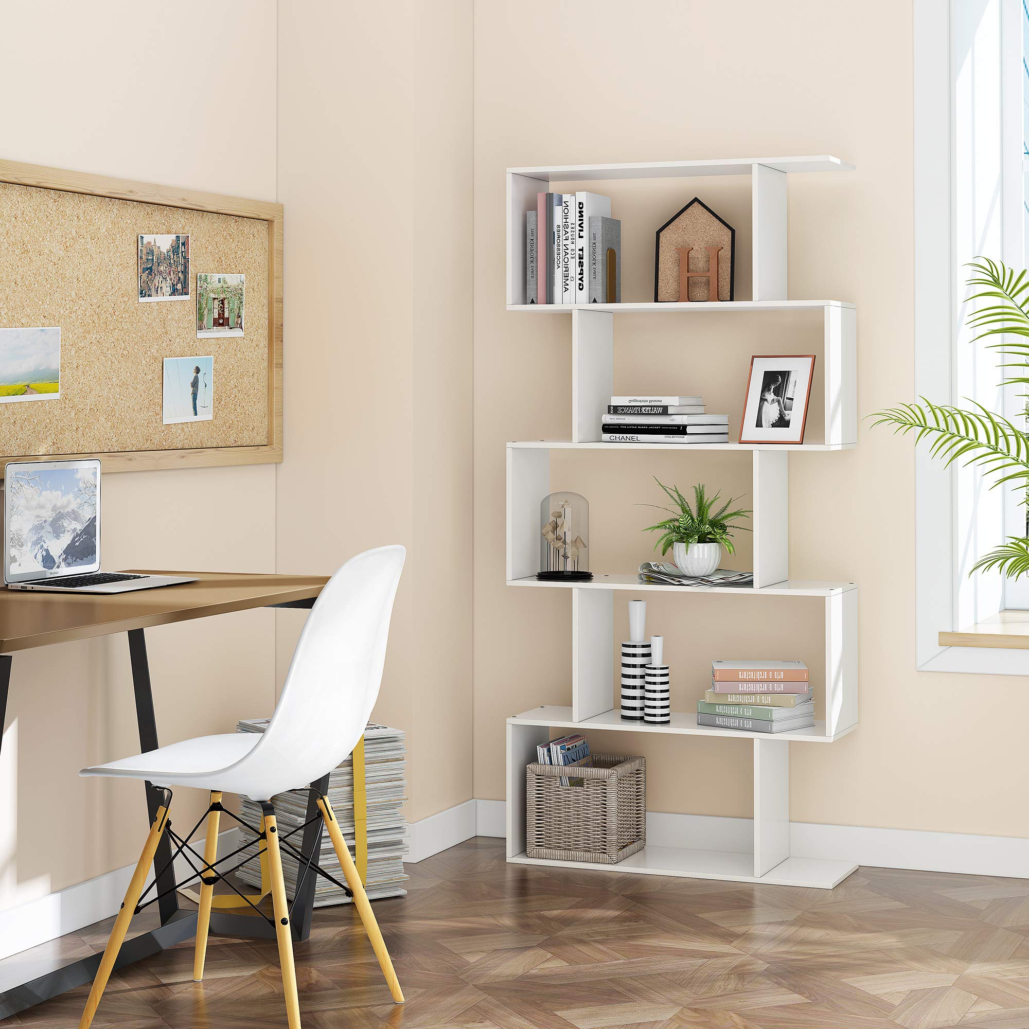 Function Home 5-Tier Geometric Bookcase, Freestanding S Shaped Bookshelf, Modern Multifunctional Display Shelves, White Book Shelf for Bedroom Living Room