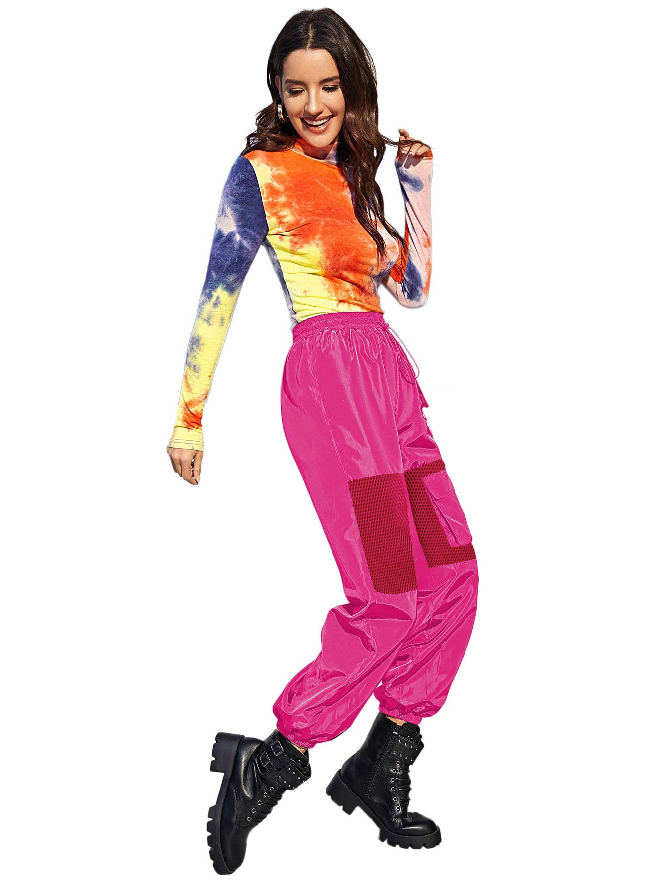 Floerns Women's High Waisted Sporty Drawstring Mesh Paneled Cargo Pants Hot Pink M