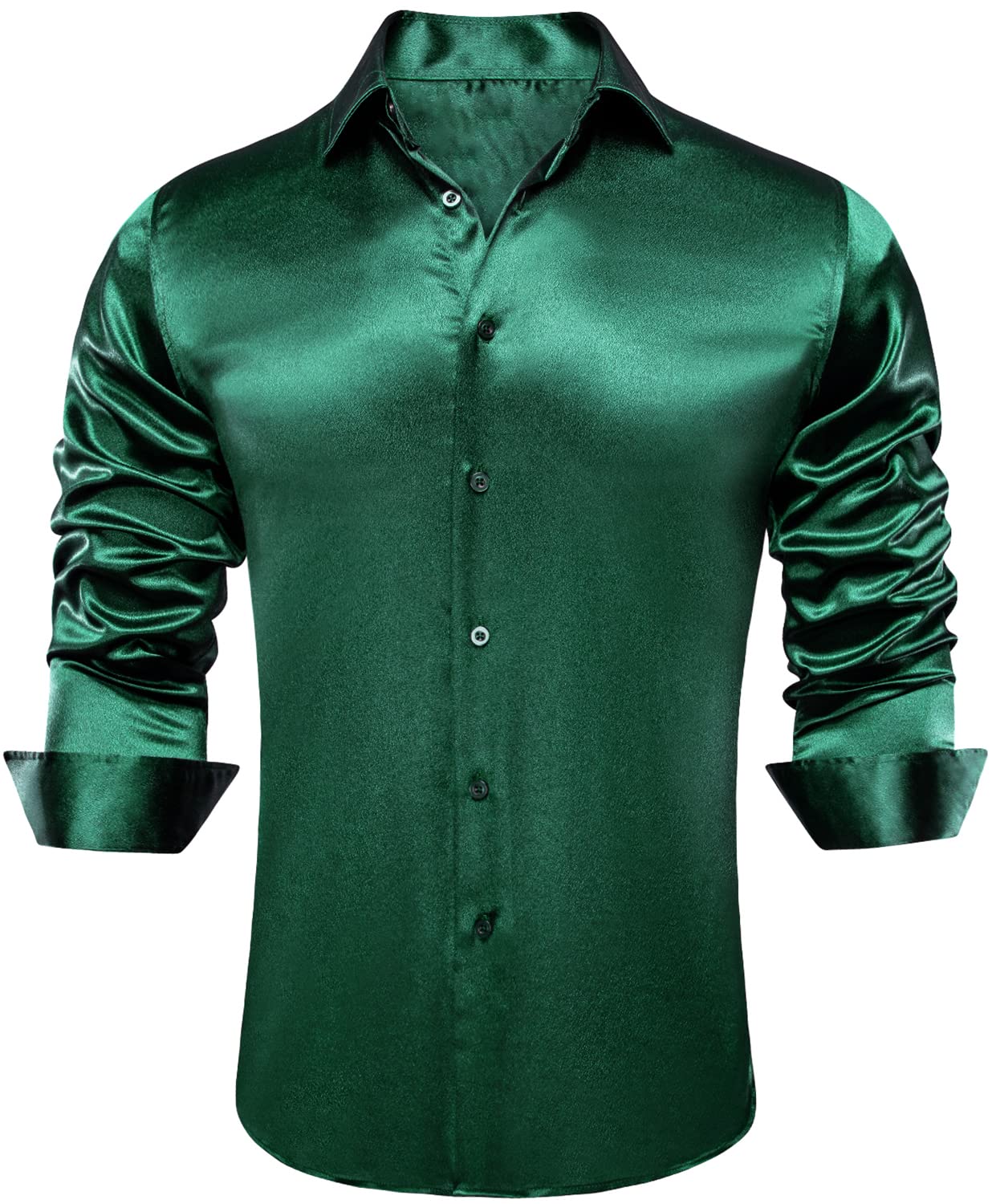 Hi-Tie Men's Dark Green Dress Shirt Long Sleeve Satin Silk Like Regular Fit Solid Turn Down Collar Shirt Casual Prom Daily