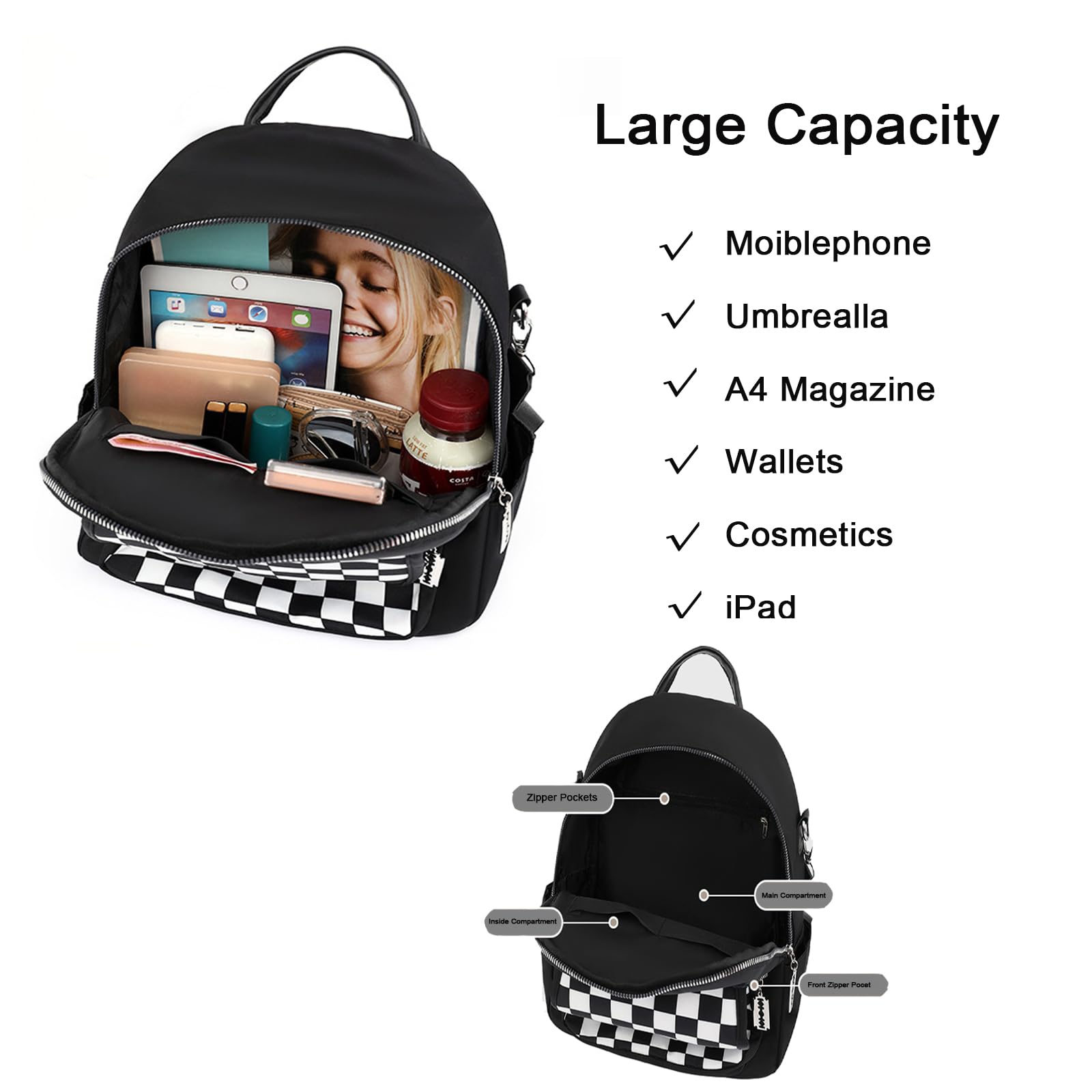 FARMARK Black White Checkered Plaid Small Backpack Purse for Women, Mini Designer Travel Backpack Purses Nylon Fashion Ladies Shoulder Bag with Convertible Strap