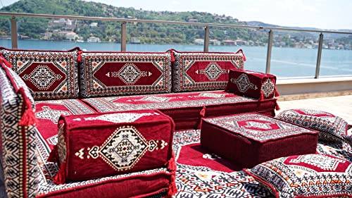 Maroon L Shaped Futon Sofa Bed, Corner Floor Couch, Sectional Sofas, Yoga Sofa Sets, Handmade Living Room Furniture, Sofa Covers (L Sofa + Rug + Poufs)