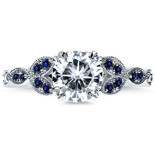 Forever One D-F Moissanite & Blue Sapphire Engagement Ring 1 1/5 Carats TW in 14k White Gold, Size 7, White Gold
