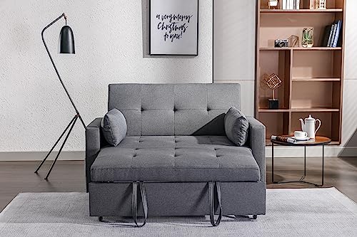 Polibi 55.1" Modern 3-in-1 Convertible Sleeper Sofa Bed w/Side Pockets, Linen Upholstered Pull Out Sofa Bed Couch with 3 Adjustable Angle Backrest and Two Throw Pillows (Dark Grey)