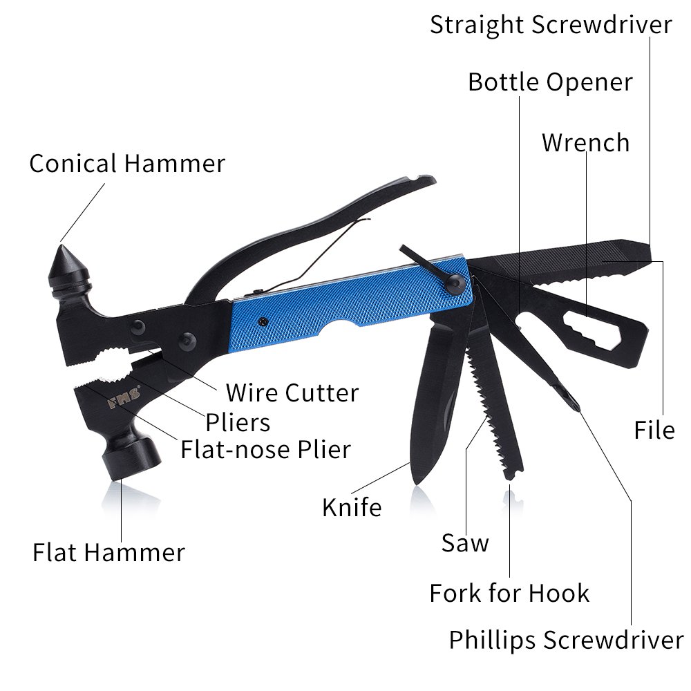 FMS Stainless Steel Multi Tool, Portable Multi-functional Hammer Kit with Nylon Belt Pouch for Car Emergency, Camping, Household