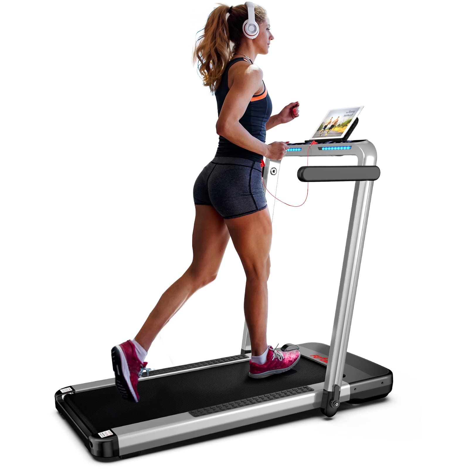 FLYLINKTECH 2 in 1 Foldable Treadmill, 2.25HP Electric Under Desk Treadmill with App & Remote Control, Led Display, 12 Preset Programs, Installation-Free Portable Treadmill for Home (Silver)