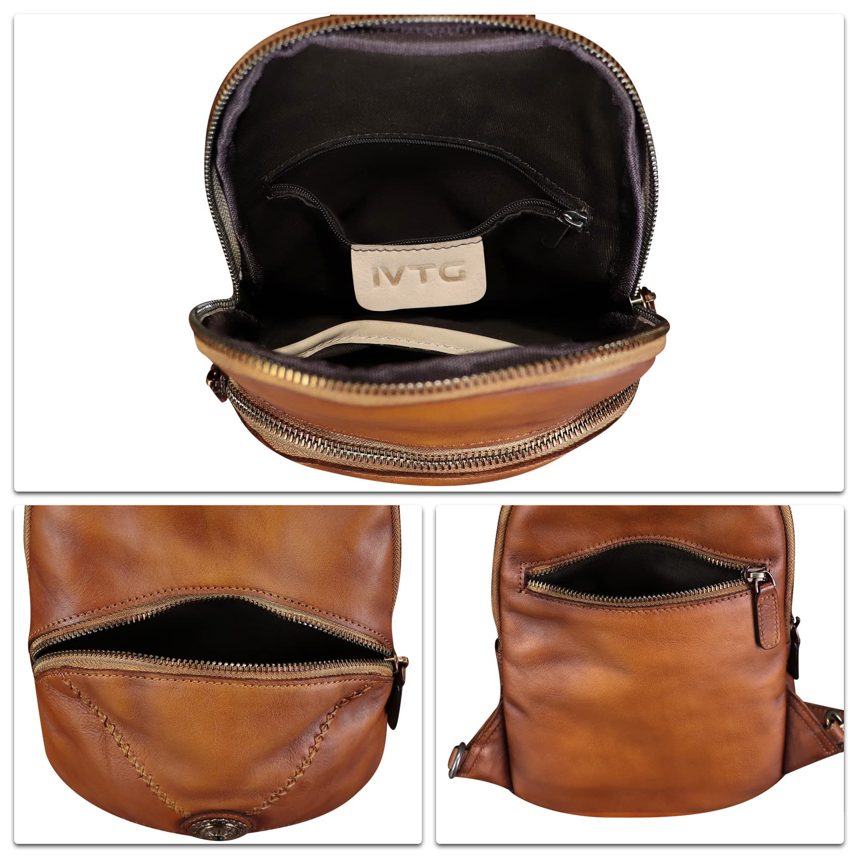 Genuine Leather Sling Bag for Women Sling Backpack Retro Chest Shoulder Vintage Handmade Hiking Crossbody Purse (Black)