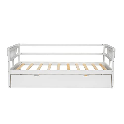 Polibi Twin Size Daybed with Trundle and Foldable Shelves on Both Sides, Wooden Sofa Bed with Wood Frame and Slats, No Spring Box Needed