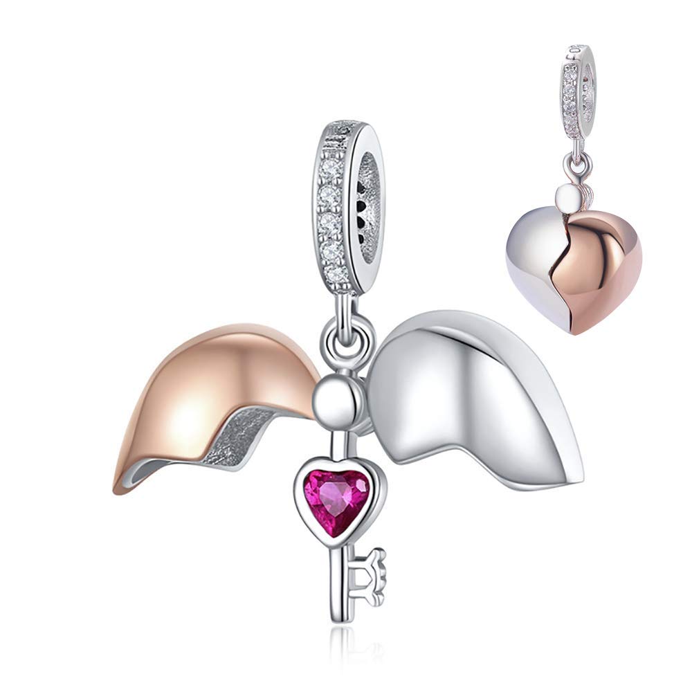 FOREVER QUEEN I Love You Charm Key to My Heart Dangle Charm 925 Silver Open Close Angel Wings Pendant Charm fit Bracelet Necklace Valentine's Day Xmas Gift BJ09086 (Key to My Heart Dangle Charm)