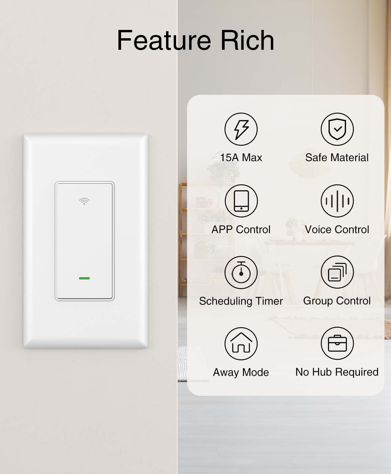 GHome Smart Switch,Smart Wi-Fi Light Switch for Lights Works with Alexa and Google Home 2.4Ghz, Single-Pole(Not 3-Way),Neutral Wire Required,UL Certified,Voice Control (2 Pack)