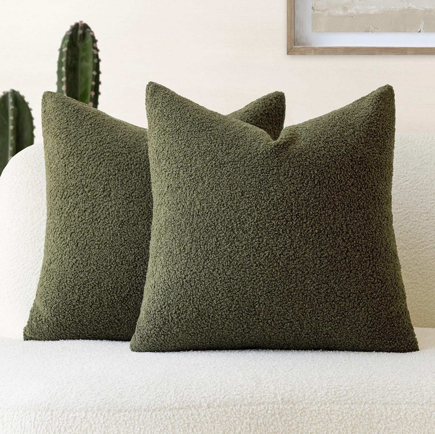 Foindtower Pack of 2, Curly Faux Fur Decorative Throw Pillow Covers Soft Plush Cushion Case with Zipper Cozy Fluffy Boho Pillowcase for Home Living Room Couch Bed Sofa 18 x 18 Inch, Moss Green