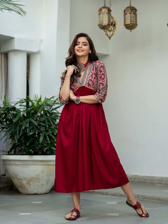 FIDOZA Women's Rayon Printed Anarkali Embroidery Kurti | Pakistani Style Rayon Printed Kurti For Women | Ready to wear (Red, L)