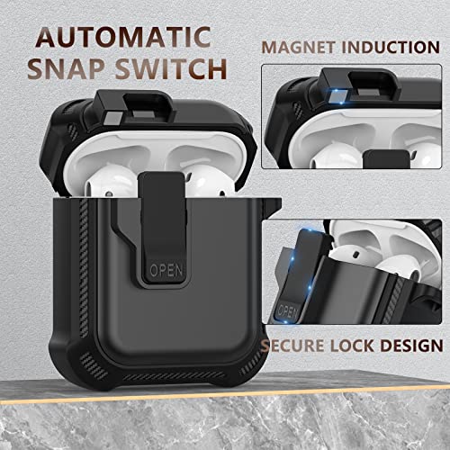 Polislime AirPods Case Cover with Cleaner kit & Magnetic Anti-Lost Straps,Secure Lock Clip with Carbon Fiber Protection Design Case Shell for Apple Airpod Case 2nd &1st Generation -【5 in 1】 Black