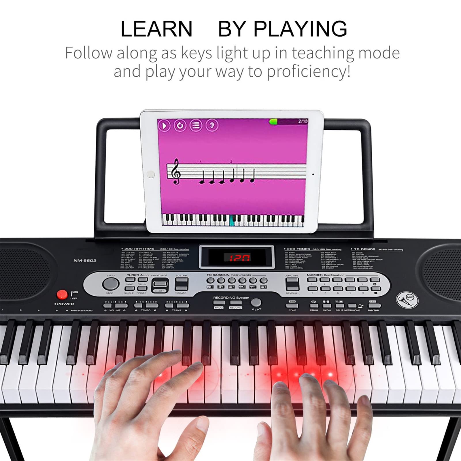 Fujampe 61Key Keyboard Piano W/Lighted Keys, LCD Display, Piano Bench, Microphone, Headphones, Note Stickers, Keyboard Stand, Music Stand, Electric Portable Piano Keyboard for Beginners
