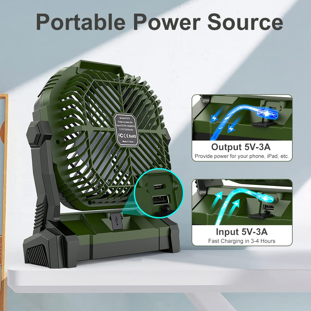 Portable Camping Fan,12000mAh 5 IN 1 Rechargeable Personal USB Small Desk Battery Powered fan with LED Lights/Power Bank/Timer/Hook Camping Essentials Accessories for Travel Tent Outdoor Fishing
