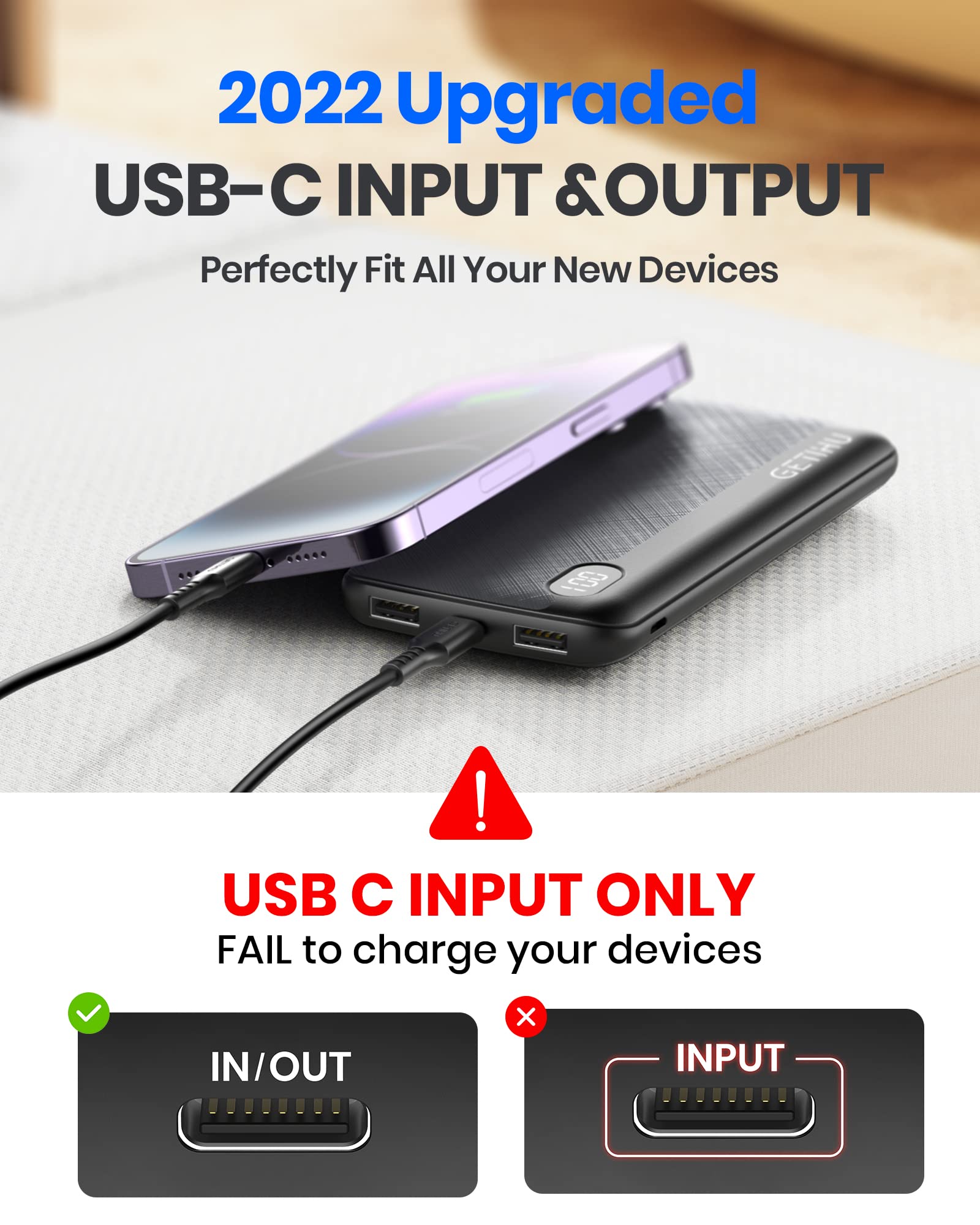 GETIHU Portable Charger, 2-Pack Slimmest 10000mAh USB C Triple 2.4A High-Speed LED Display Power Bank, External Battery Pack Compatible with iPhone 14 13 12 Pro X Samsung S22 Google LG iPad Tablet etc