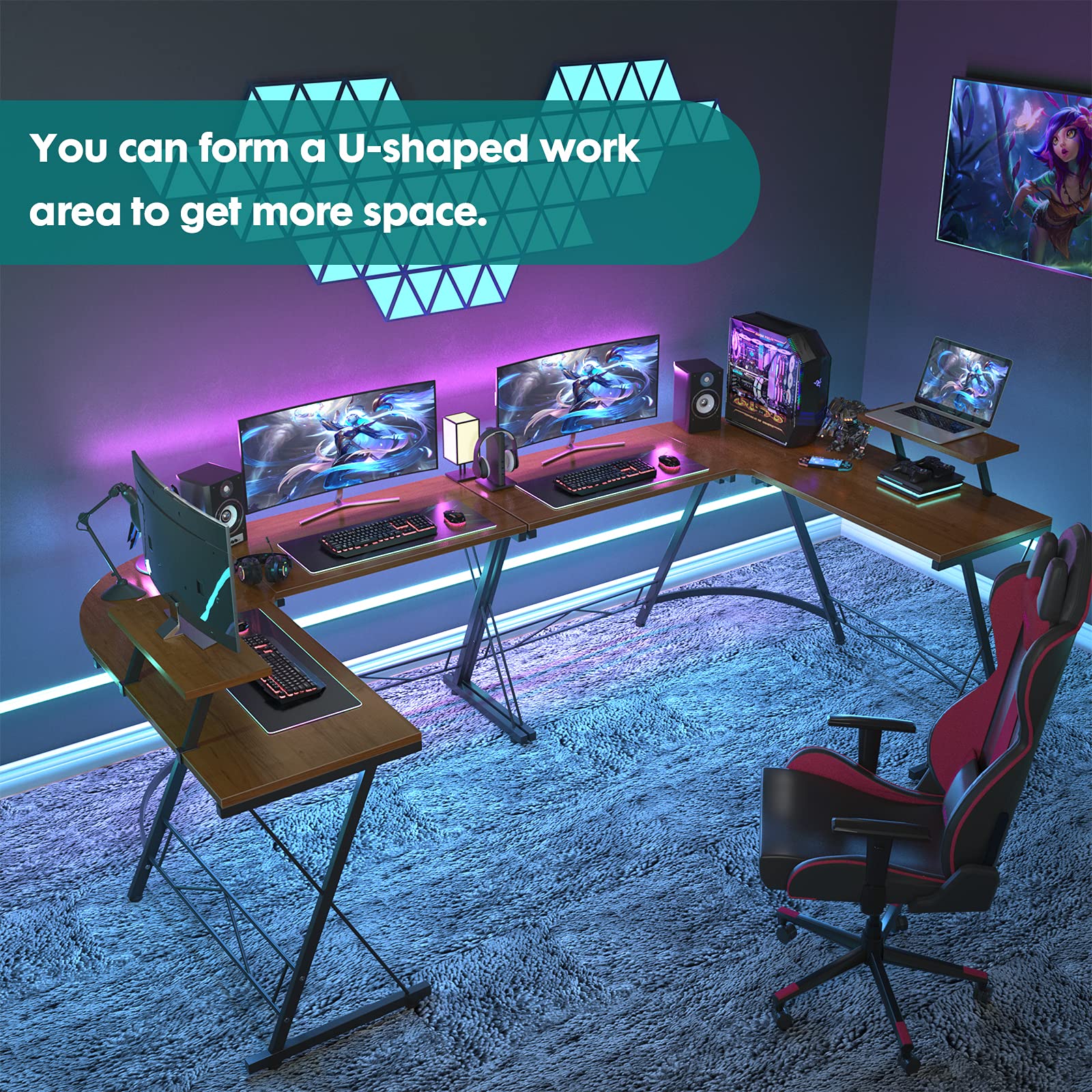 Foxemart L Shaped Gaming Desk 51'' Corner Gaming Desk Home Office Desks with Large Monitor Stand Computer Desk with Round Corner, Teak