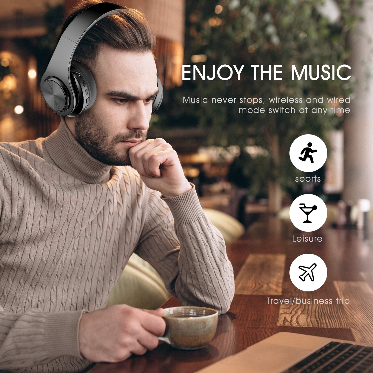 Funwaretech Wireless Bluetooth Headphones Over Ear with Mic,Noise Cancelling Headphones Bluetooth 5.0, Foldable Hi-Fi Stereo Wireless Headphones,Soft Memory-Protein Earmuffs for Travel/Work, Black