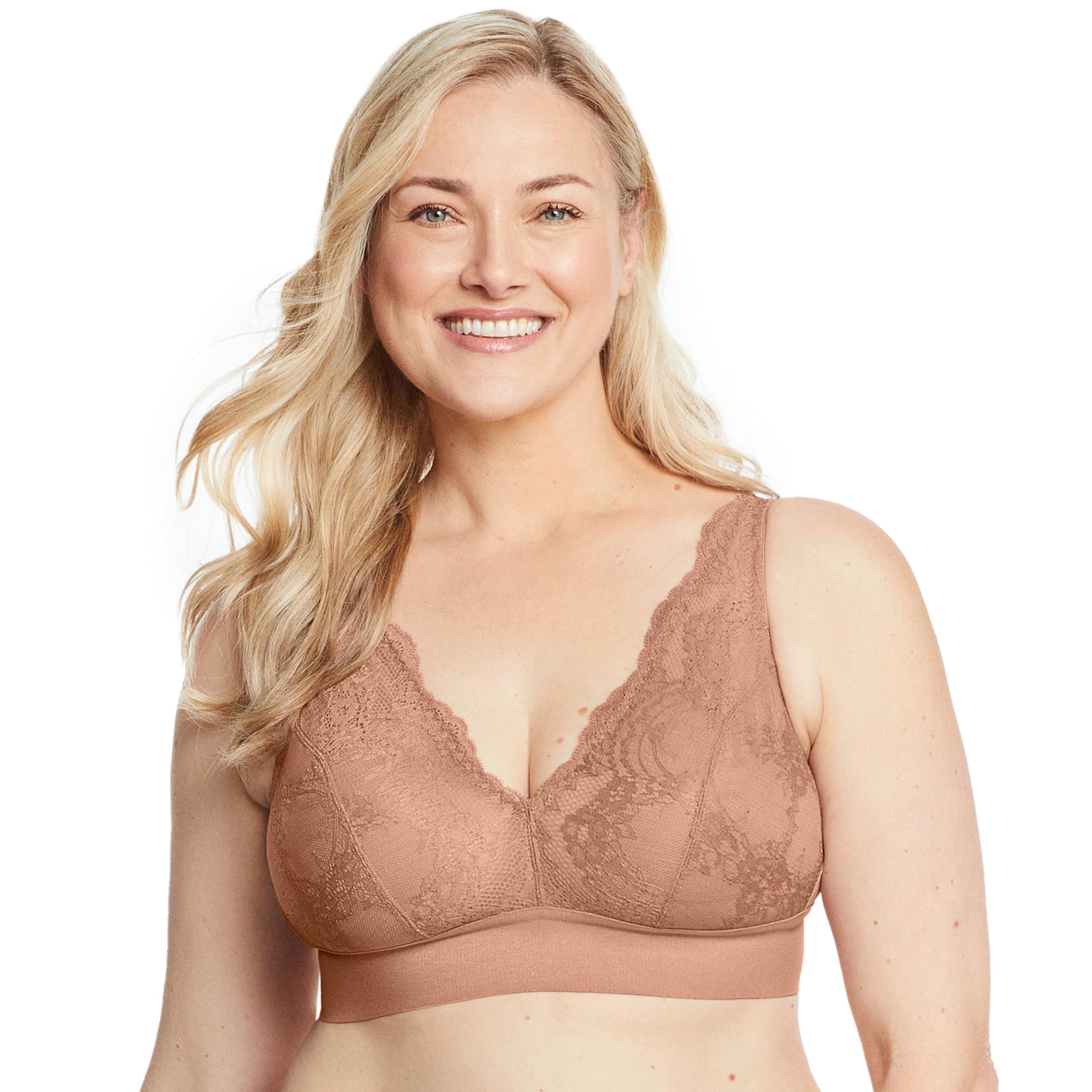 Full Figure Plus Size Bramour Lexington Lace Plunge Bralette Wirefree #7013 Cappuccino