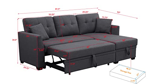 Payeel Sectional Sofa with Pull-Out Bed and Storage Chaise Lounge 81.5" Reversible Furniture Contemporary L-Shaped Fabric Sleeper Sofa for Living Room (Dark Gray)